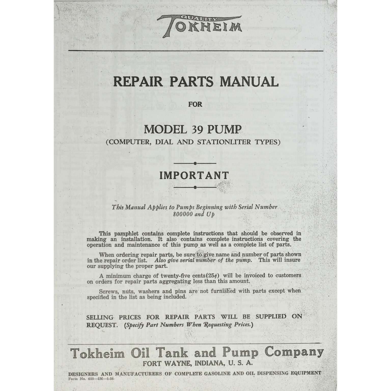 Tokheim 39 Parts Manual - Vic's 66