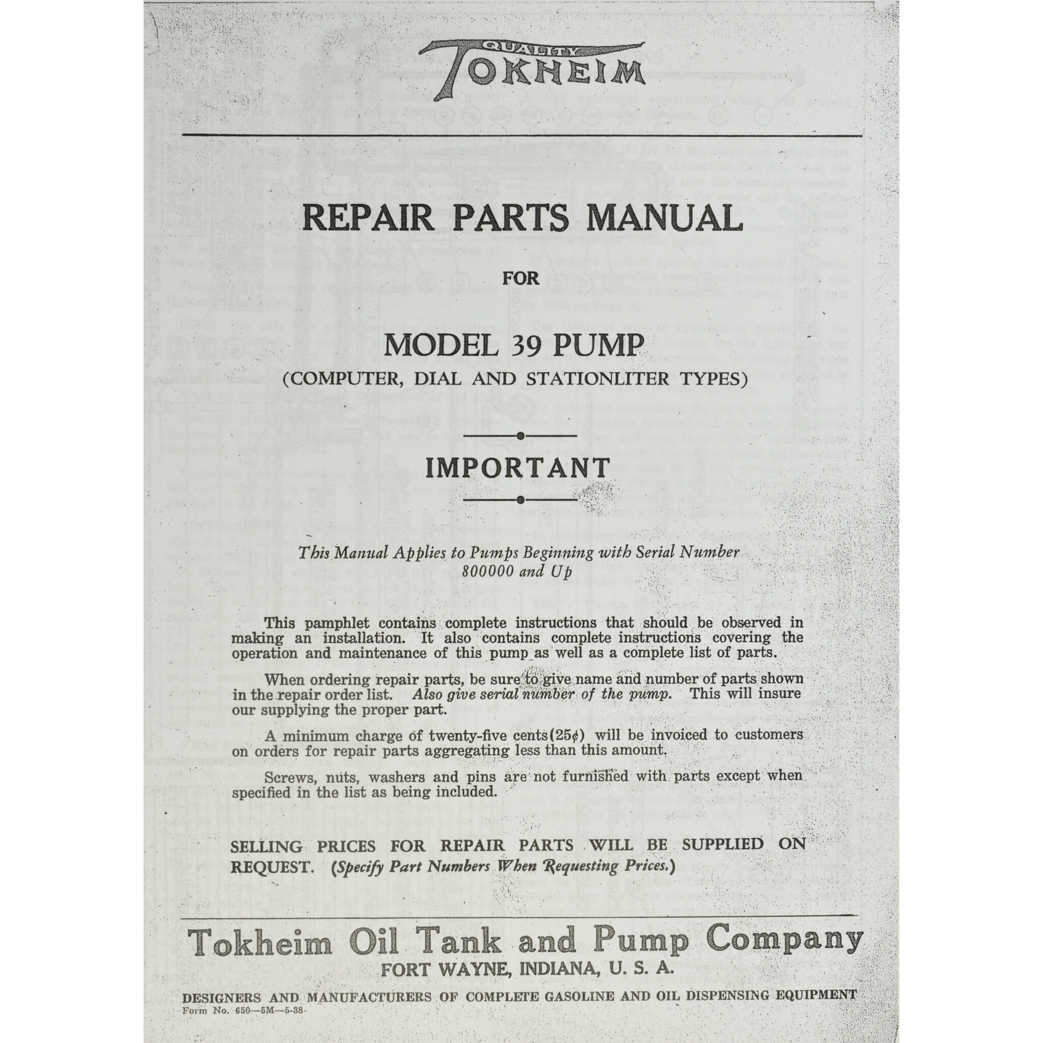 Tokheim 39 Parts Manual - Vic's 66